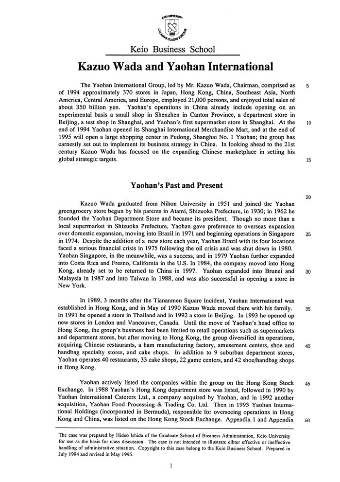 KAZUO WADA and Yaohan International – Keio Business School